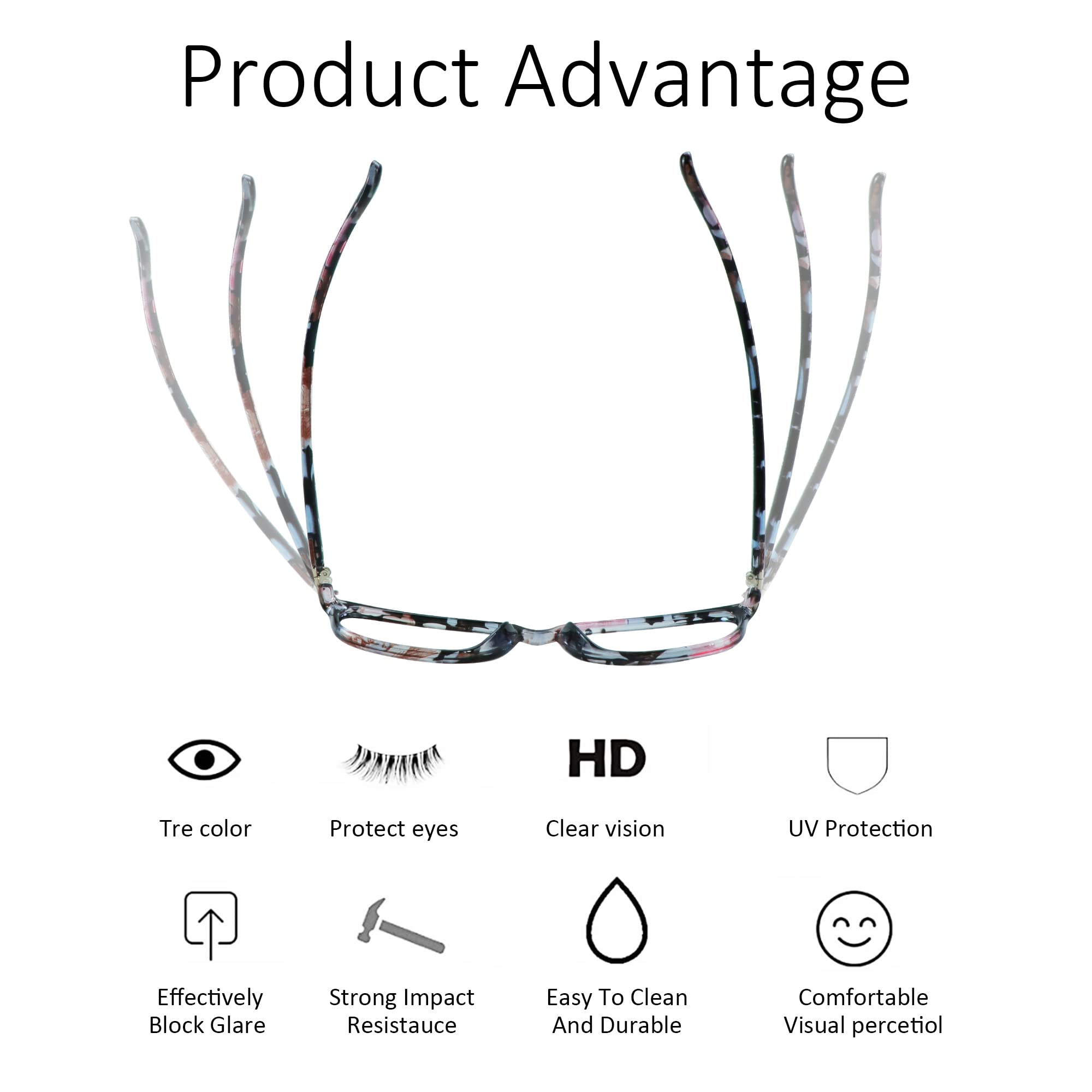 VisionGlobal Blue Light Blocking Glasses for Women, Anti Eyestrain, Computer Reading, TV Glasses, Stylish Square Frame, Anti Glare(+1.25 Magnification)