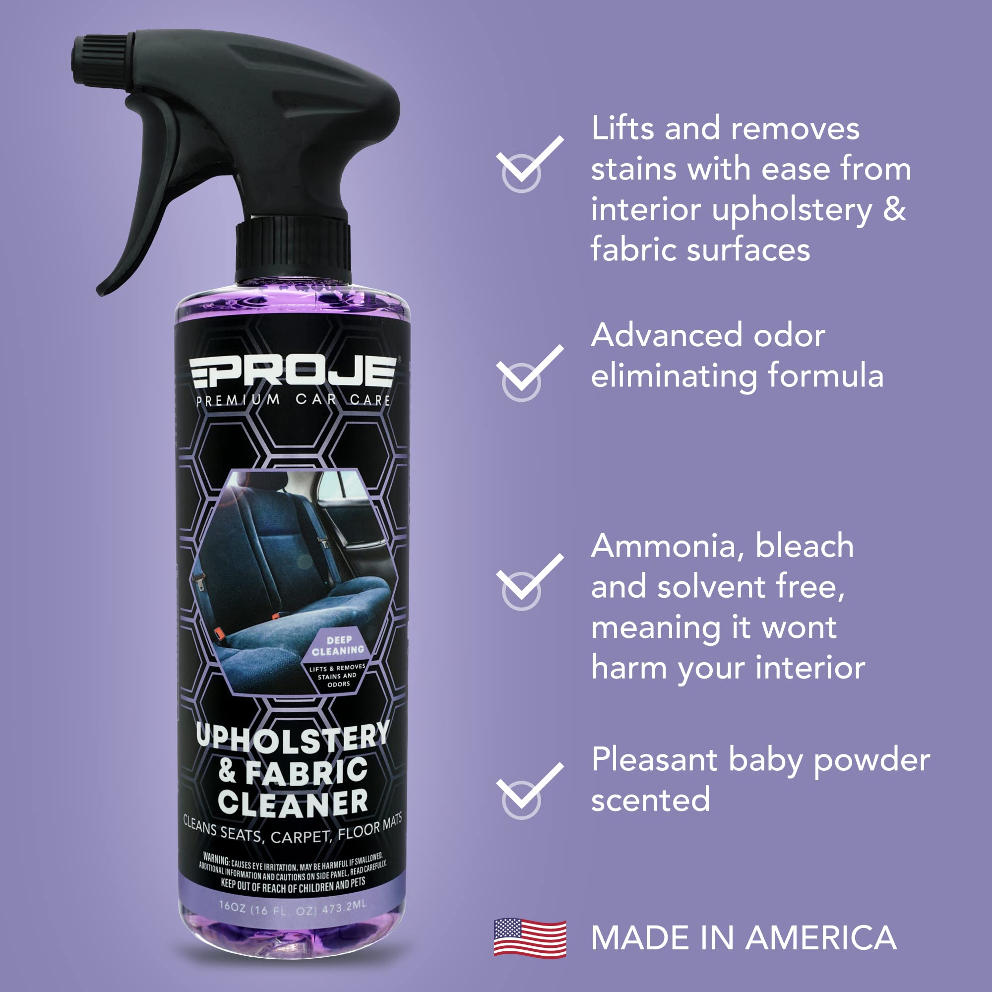 PROJE' Upholstery & Fabric Cleaner - Effective Carpet Cleaner - Stain remover - Eliminates Odors - Car Seat Cleaner - 16 Fl Oz