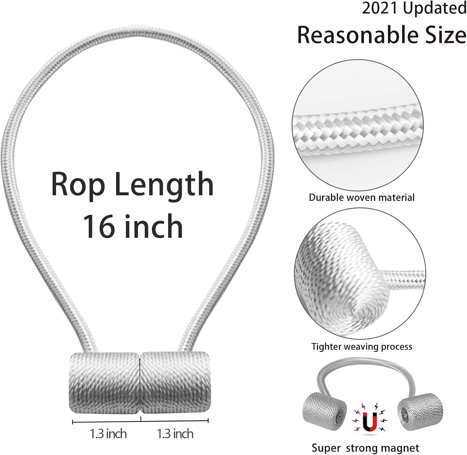 2 Pack Magnetic Curtain Tiebacks, The Most Convenient Drape Tie Backs,European Style Decorative Weave Rope Curtain Holdbacks Holder for Window Sheer Blackout Drapries Office, 16 inch(Silver Grey)