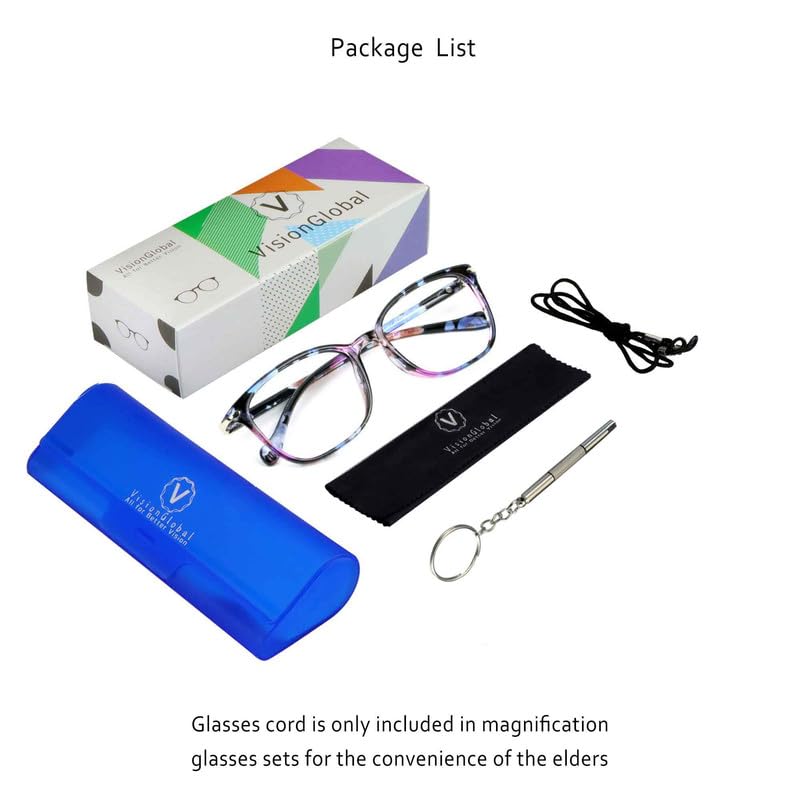 VisionGlobal Blue Light Blocking Glasses for Women, Anti Eyestrain, Computer Reading, TV Glasses, Stylish Square Frame, Anti Glare(+1.25 Magnification)