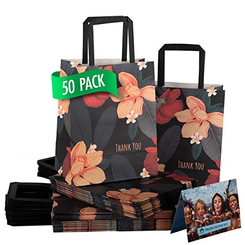 Homeadow Bags - 50 Pcs Thank You Gift Bags, Medium (10"x8"), Paper Shopping Bags For Boutique, Bulk Kraft Paper Bags with Handles, Wedding Favor, Retail Shopping Goody Bags – Black With Tropical Flowers