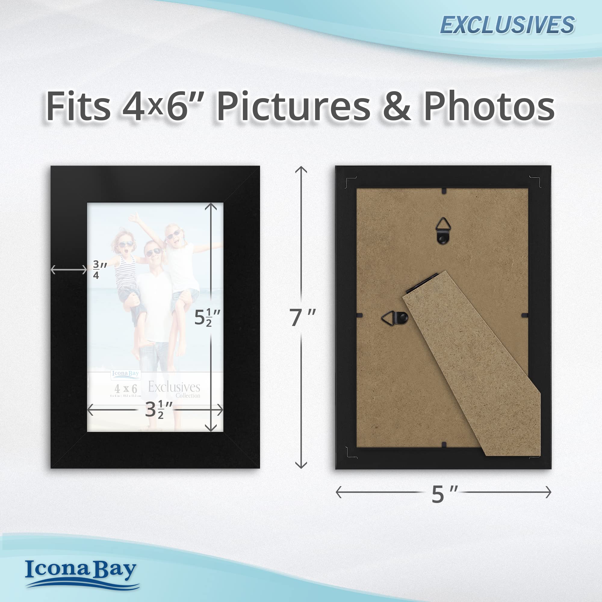 Icona Bay 4x6 Picture Frames (Black, 3 Pack), Sturdy Wood Composite Photo Frames 4 x 6, Sleek Design, Table Top or Wall Mount, Exclusives Collection