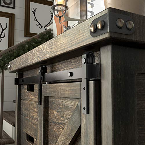 Hahaemall Heavy Duty Metal Steel Black Super Mini Sliding Barn Door Hardware Track Roller Kit Hanging TV Stand Cabinet System(6.6FT Single kit)(NO Cabinet)