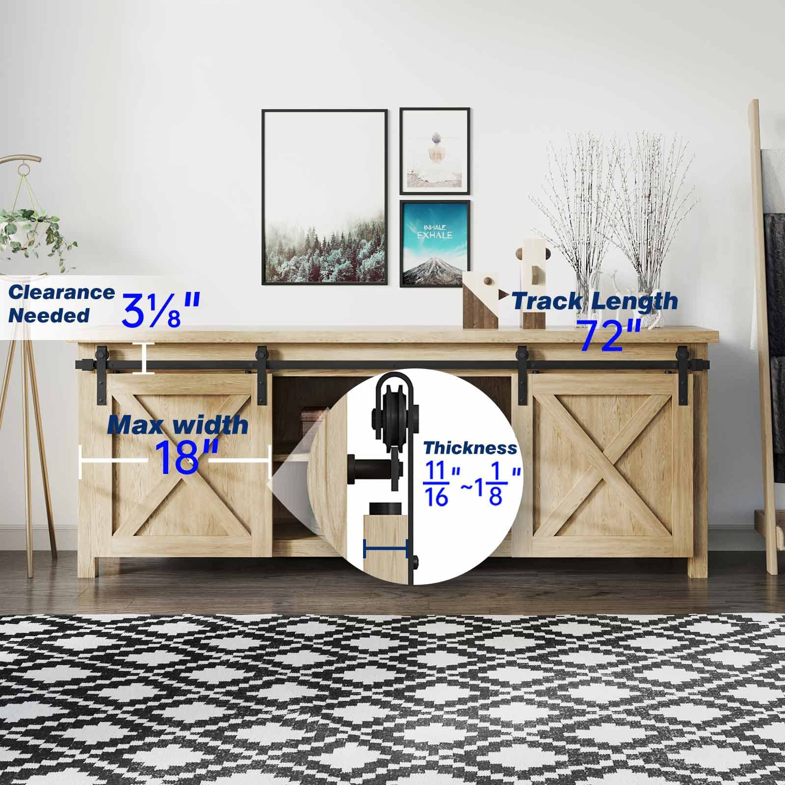 EaseLife 6 FT Cabinet Mini Sliding Double Barn Door Hardware Track Kit,Easy Install,Slide Smoothly Quietly,Apply for Storage Window TV Stand and Other Shielding (No Cabinet)