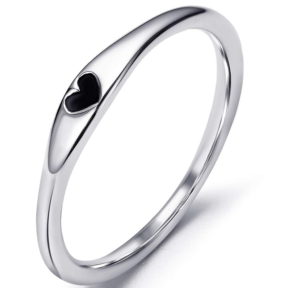 Stainless Steel Heart Shape Classical Wedding Band Stackable Ring (Silver & Black, 3.5)