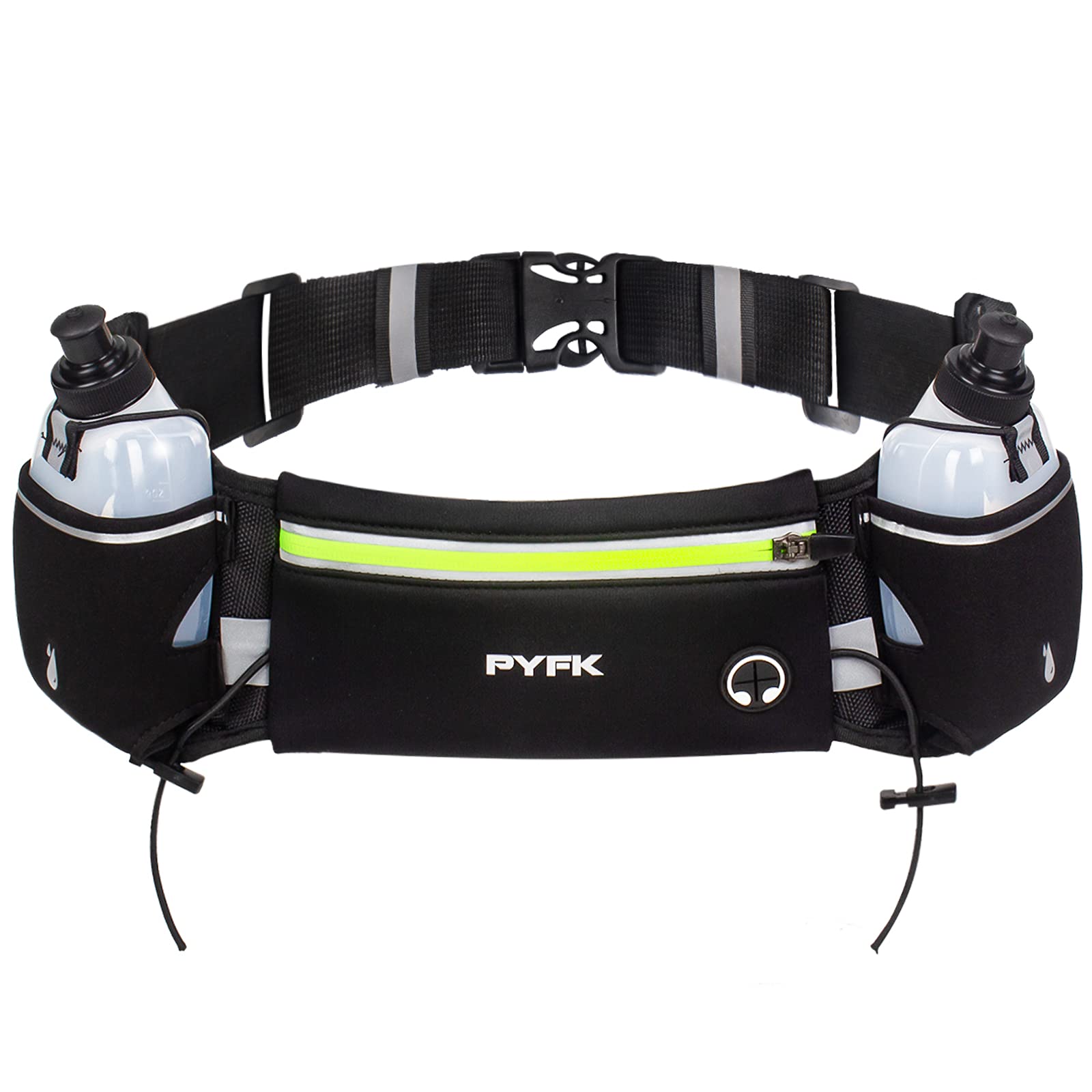 PYFK Upgraded Running Belt with Water Bottles, Hydration Belt for Men and Women, Water Bottle Holder Running Pouch Belt, Fanny Pack Fits 7 inches Phones, Waist pack for Running Hiking (Green)