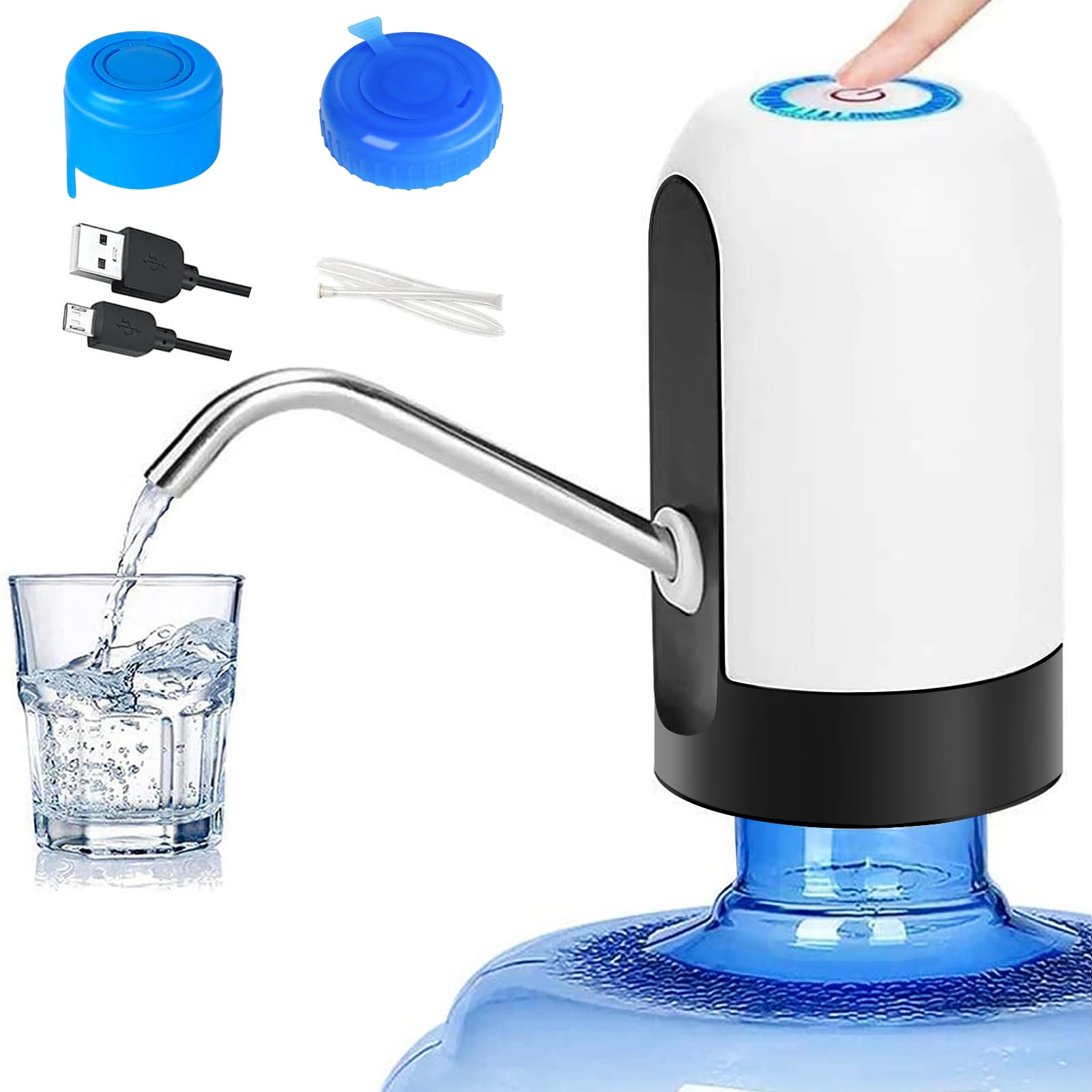 Water Pump for 5 Gallon Jug, CHIVENIDO Drinking Water Pump Water Jug Dispenser USB Charging Water Dispenser Pump with Non Spill Caps for Universal 2-5 Gallon Bottle