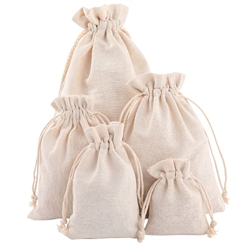 VIAMTO Mixed Sizes Cotton Muslin Drawstring Bags, 10pcs Reusable Cotton Pouches, Sachet Bags, Gift Bags, Jewelry Pouches, Breathable Bags for Home Supplies