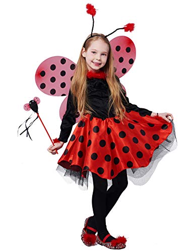 IKALI Girls Ladybug Costume, Halloween Deluxe Animal Fancy Dress Outfit with Wings (10pcs Set) 4-6Y