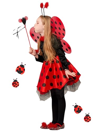 IKALI Girls Ladybug Costume, Halloween Deluxe Animal Fancy Dress Outfit with Wings (10pcs Set) 4-6Y