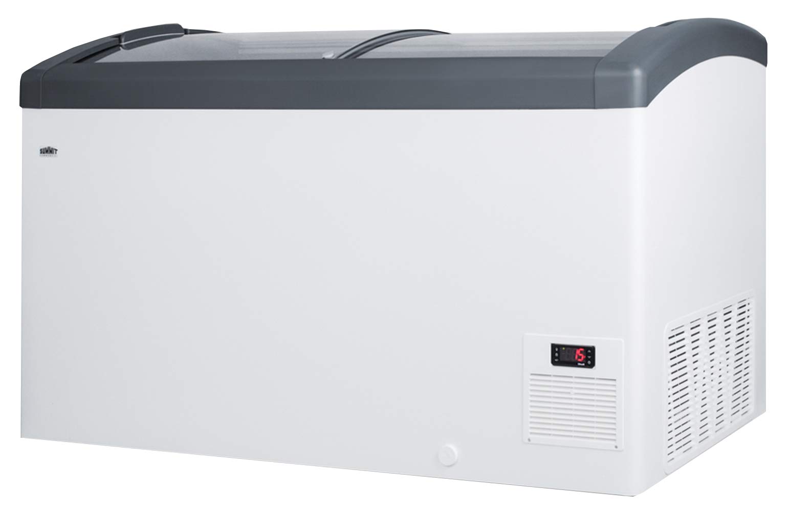 Summit FOCUS171 Top Display Commercial Freezer with 17.1 cu. ft. Capacity Digital Thermostat Sliding Glass Lid Manual Defrost Casters Hammered Aluminum Interior in White