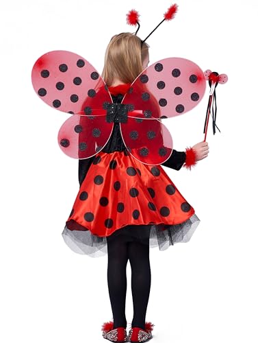 IKALI Girls Ladybug Costume, Halloween Deluxe Animal Fancy Dress Outfit with Wings (10pcs Set) 4-6Y