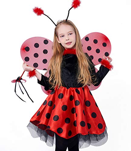 IKALI Girls Ladybug Costume, Halloween Deluxe Animal Fancy Dress Outfit with Wings (10pcs Set) 4-6Y