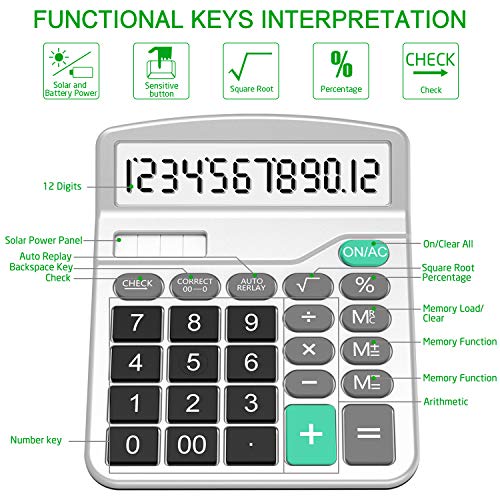 Calculators, Splaks 2 Pack Standard Functional Desktop Calculators Sola and AA Battery Dual Power Electronic Office Calculator with 12-Digit Large Display (1 Basic Black&1 Updated Silver)