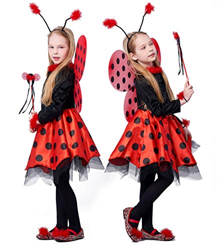 IKALI Girls Ladybug Costume, Halloween Deluxe Animal Fancy Dress Outfit with Wings (10pcs Set) 4-6Y