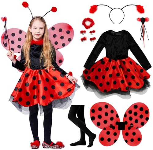 IKALI Girls Ladybug Costume, Halloween Deluxe Animal Fancy Dress Outfit with Wings (10pcs Set) 4-6Y