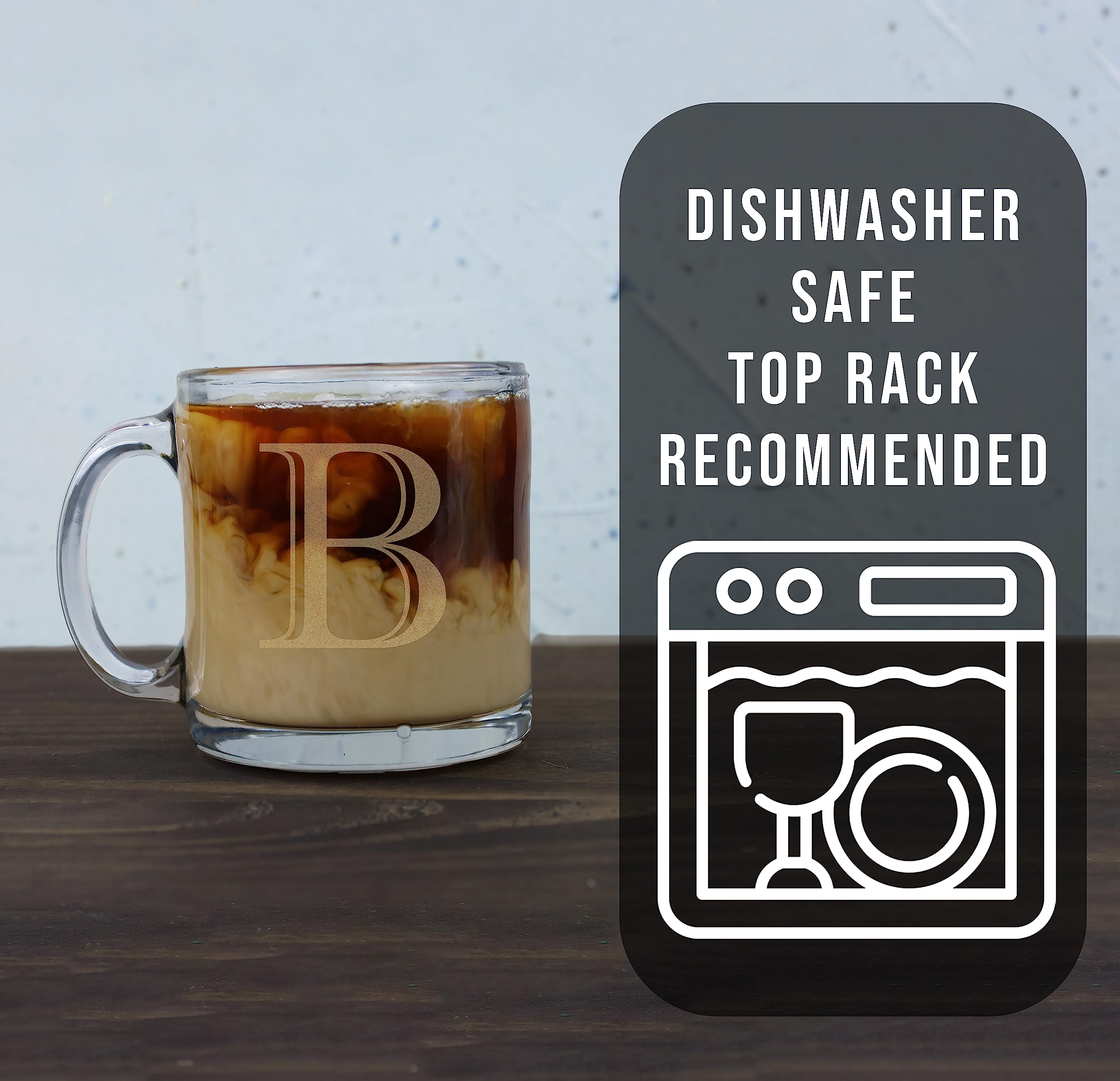 Etched Monogram 12oz Clear Glass Coffee Mug (Letter B), A-Z Customized Gifts for Coffee Lovers, Custom Engraved Gifts for Women Her, Personalized Gift for Men, Initial