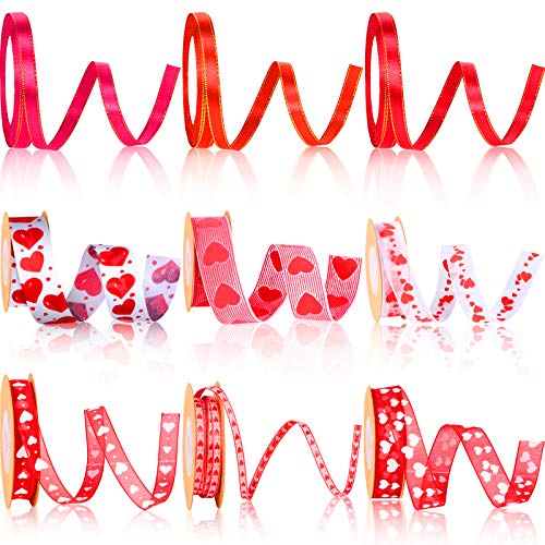 9 Rolls Valentine's Day Ribbons Printed Heart Ribbons Polyester Satin Ribbon Sheer Organza Ribbon Roll Craft Satin Ribbons Wrapping Ribbons with Gold Edge for Valentine's Day Wrapping Wedding Decor
