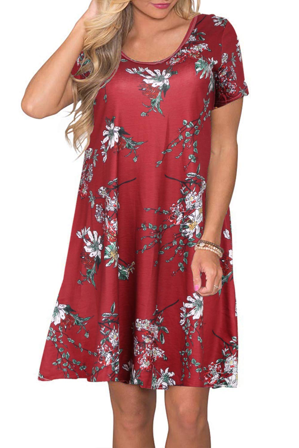 FZ FANTASTIC ZONE Women's Casual Summer T Shirt Dresses Short Sleeve Swing Dress with Pockets Floral Wine Red