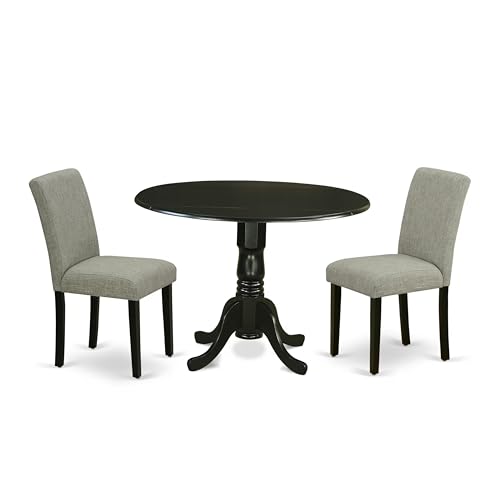 East West Furniture DLAB3-BLK-06 3 Piece Dinette Set for Small Spaces Contains a Round Dining Table with Dropleaf and 2 Shitake Linen Fabric Upholstered Chairs, 42x42 Inch, Black