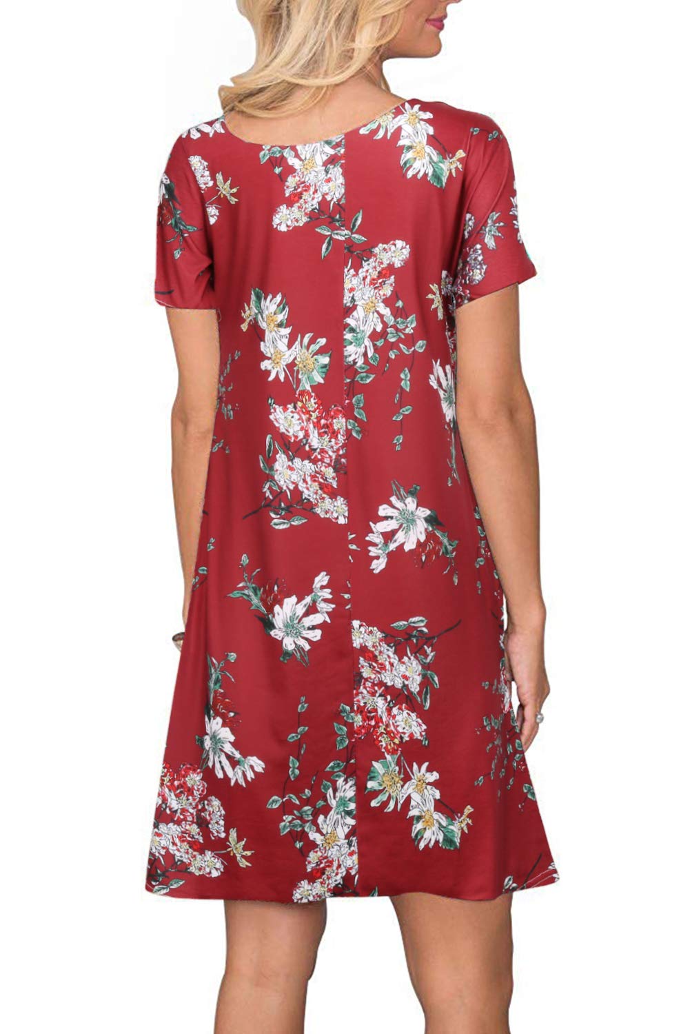 FZ FANTASTIC ZONE Women's Casual Summer T Shirt Dresses Short Sleeve Swing Dress with Pockets Floral Wine Red