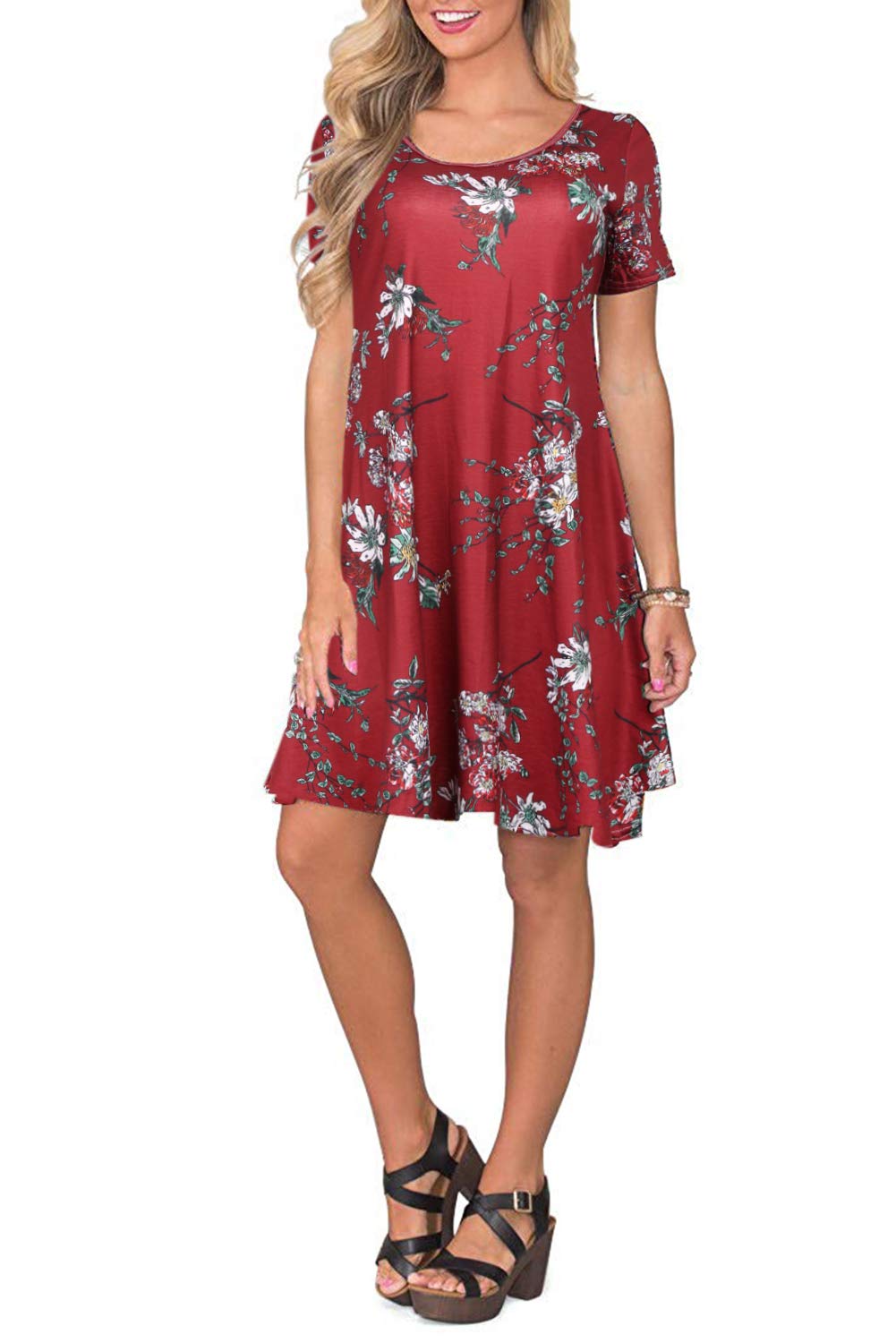 FZ FANTASTIC ZONE Women's Casual Summer T Shirt Dresses Short Sleeve Swing Dress with Pockets Floral Wine Red