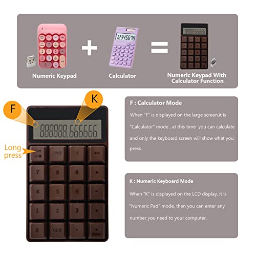Seaciyan Wireless Number Pad, Ergonomic Cute Mini Portable Digital Keyboard, Cordless External Numeric Keypad with Financial Accounting Calculator (Brown)