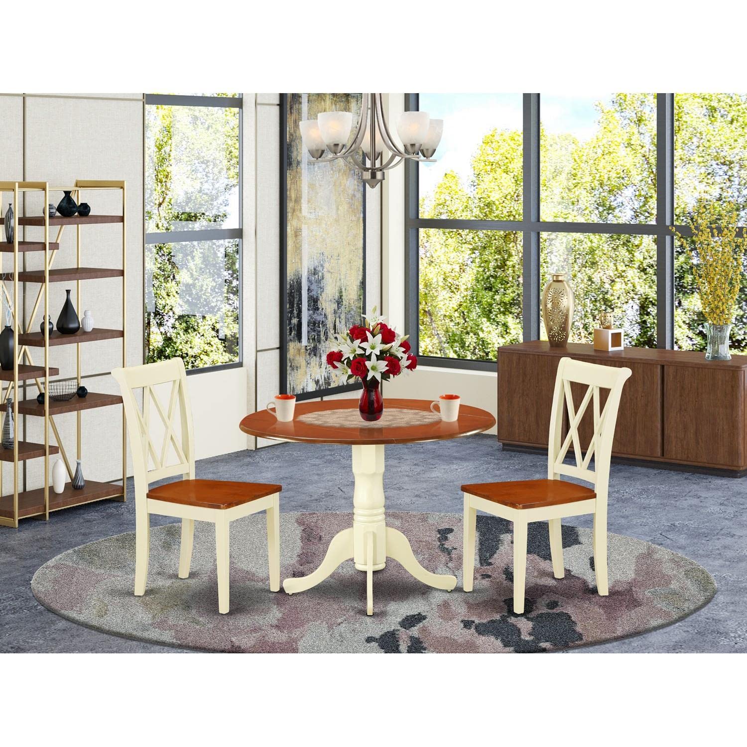 East West Furniture DLCL3-BMK-W 3 Piece Dinette Set for Small Spaces Contains a Round Dining Table with Dropleaf and 2 Dining Chairs, 42x42 Inch, Buttermilk & Cherry