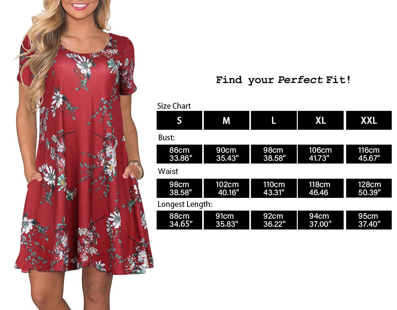 FZ FANTASTIC ZONE Women's Casual Summer T Shirt Dresses Short Sleeve Swing Dress with Pockets Floral Wine Red