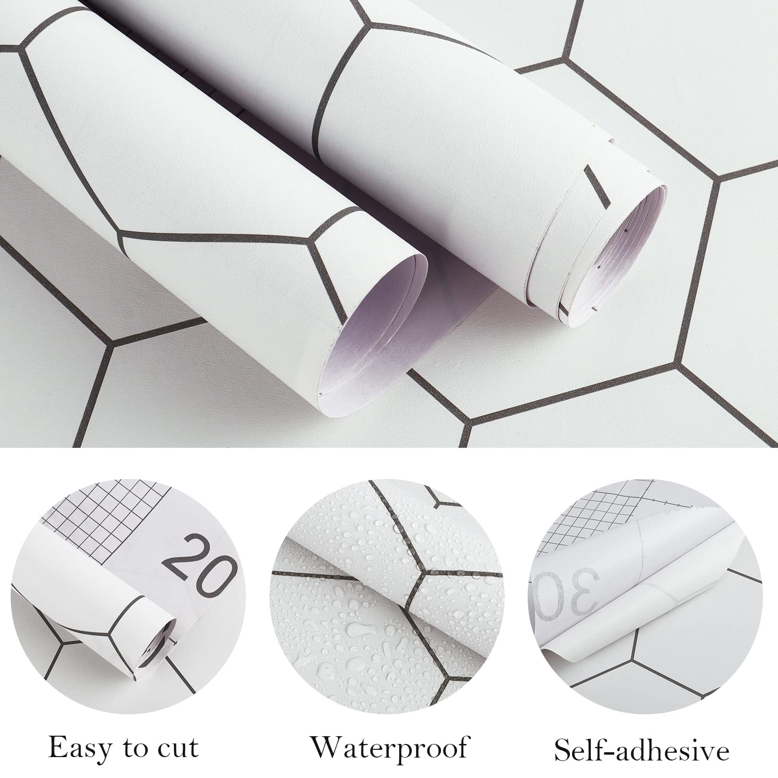 Fiula Hexagon White Wallpaper Peel and Stick Wallpaper 197” ×17.3” Removable Wallpaper Self Adhesive Wallpaper White and Grey Wallpaper Modern Wall Paper Decor Shelf Liner Vinyl Wallpaper