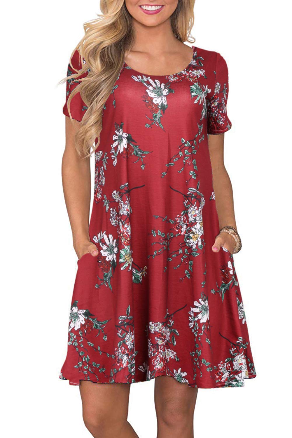 FZ FANTASTIC ZONE Women's Casual Summer T Shirt Dresses Short Sleeve Swing Dress with Pockets Floral Wine Red