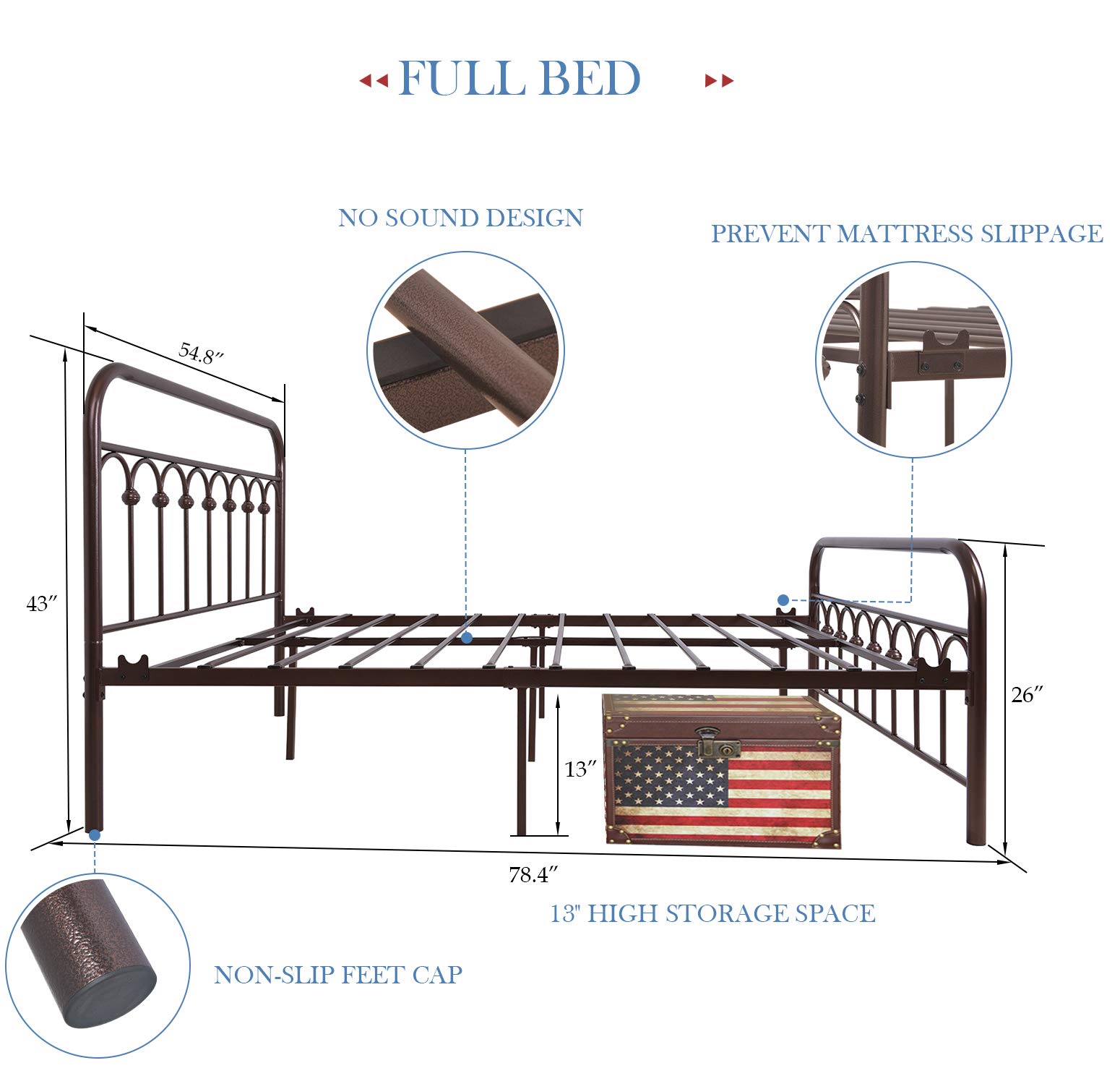 YALAXON Vintage Sturdy Full Size Metal Bed Frame with Headboard and Footboard Basic Bed Frame No Box Spring Needed,Antique Brown