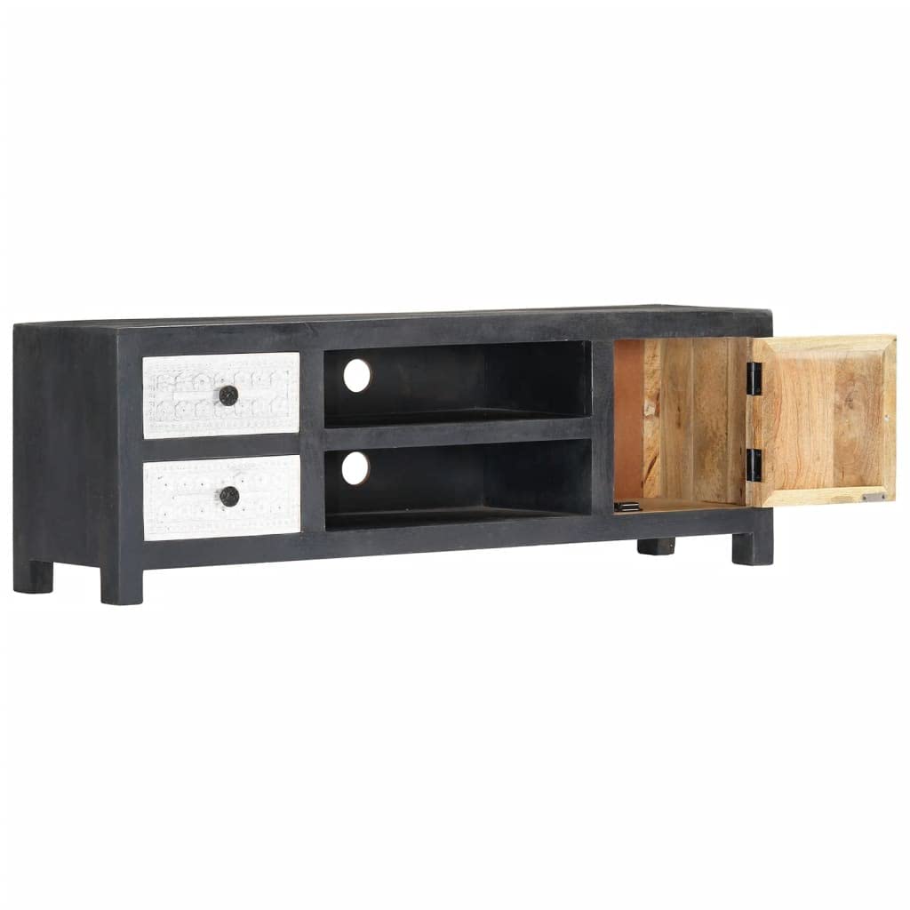 vidaXL TV Stand, TV Unit for Living Room Bedroom, Sideboard with Drawer, TV Console Media Cabinet Entertainment Center, Gray& White Solid Wood Mango