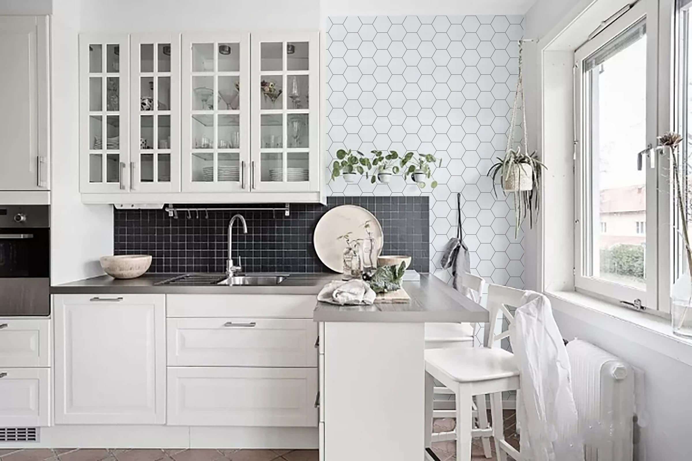 Fiula Hexagon White Wallpaper Peel and Stick Wallpaper 197” ×17.3” Removable Wallpaper Self Adhesive Wallpaper White and Grey Wallpaper Modern Wall Paper Decor Shelf Liner Vinyl Wallpaper