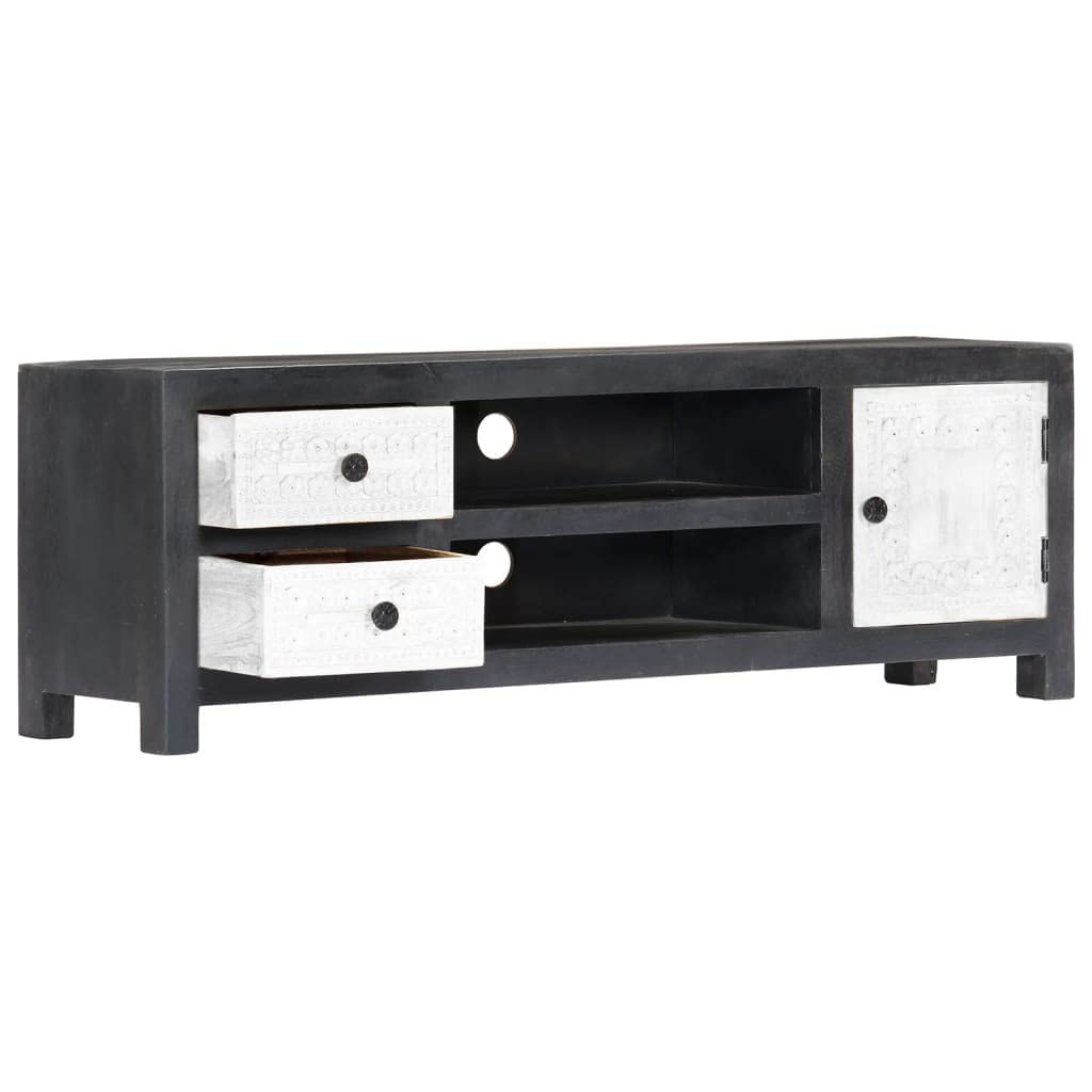 vidaXL TV Stand, TV Unit for Living Room Bedroom, Sideboard with Drawer, TV Console Media Cabinet Entertainment Center, Gray& White Solid Wood Mango