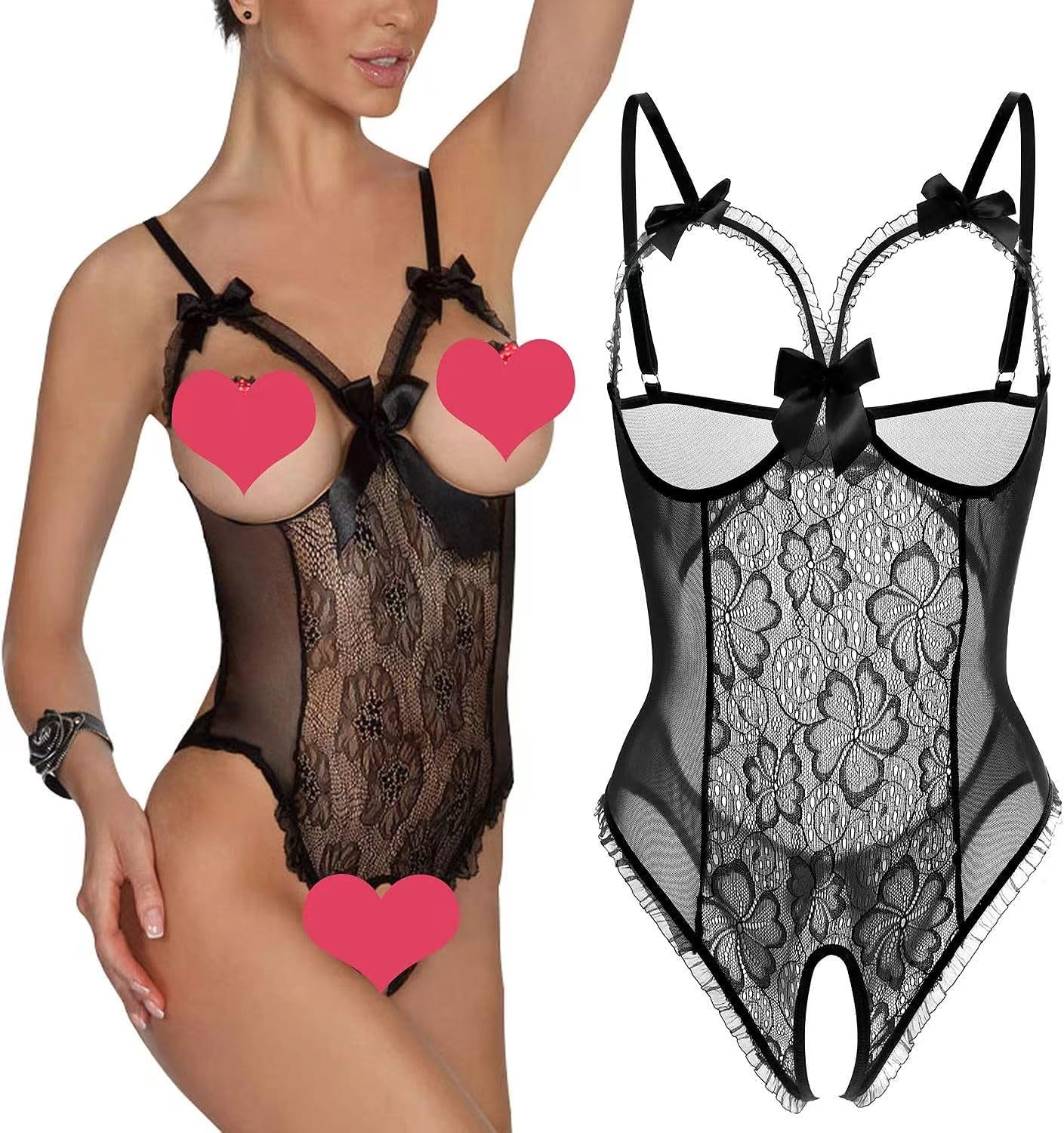 AIBINGGE Lingerie for Women One-Piece Teddy Lingerie Sexy Bodysuit Lace Nightie S-3XL(Black,S)