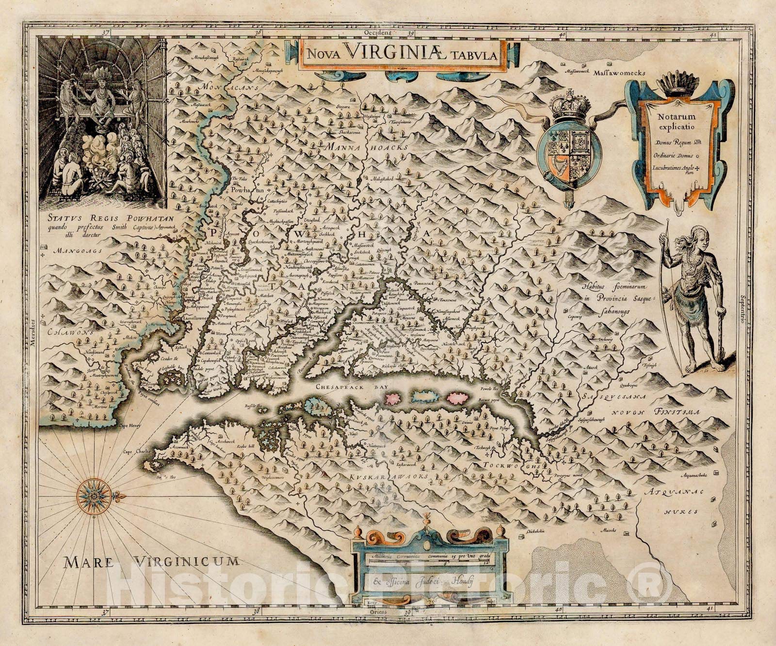 Historic Map - Nova Virginiae Tabula/Blaeu's Map of Virginia, and The Chesapeake Region, John Smith's Map of Virginia, Map of Virginia, 1619, Jodocus Hondius - Vintage Wall Art 24in x 20in