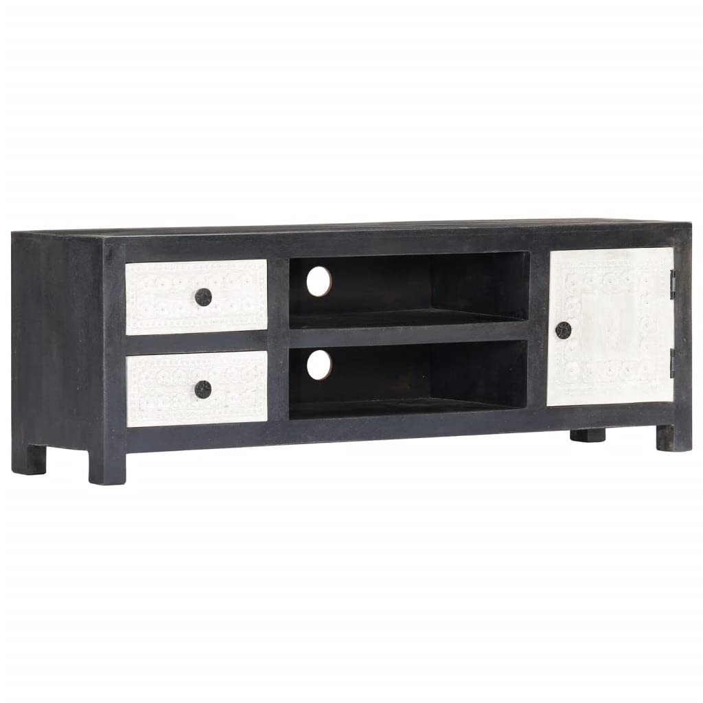 vidaXL TV Stand, TV Unit for Living Room Bedroom, Sideboard with Drawer, TV Console Media Cabinet Entertainment Center, Gray& White Solid Wood Mango