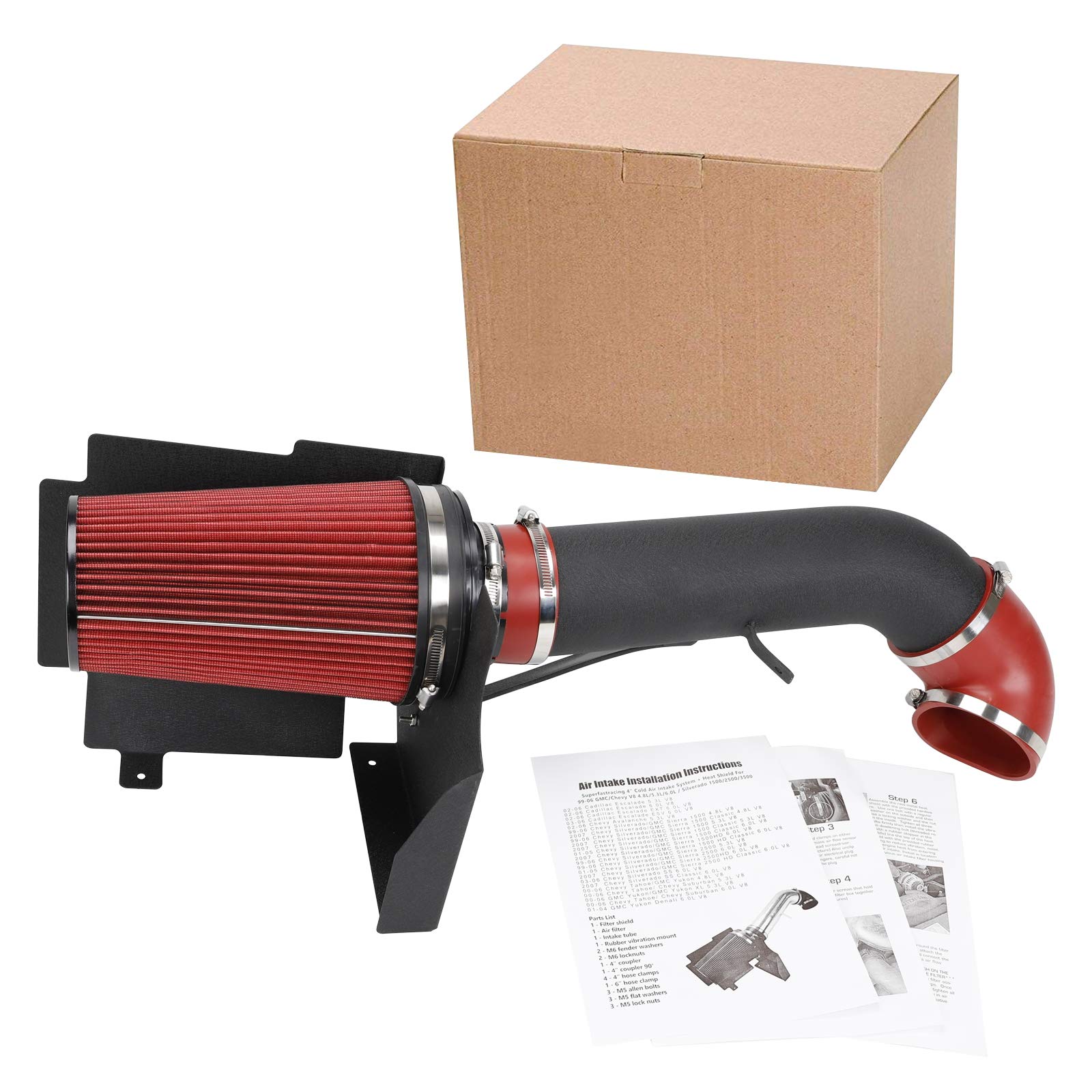 SUPERFASTRACING 4" Cold Air Intake System + Heat Shield Replacement for 1999-2006 GMC/Chevy V8 4.8L/5.3L/6.0L Silverado 1500/2500/3500 (Black&Red)