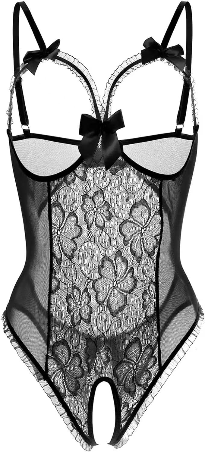 AIBINGGE Lingerie for Women One-Piece Teddy Lingerie Sexy Bodysuit Lace Nightie S-3XL(Black,S)