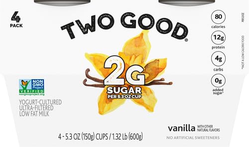 Two Good Low Fat Greek Yogurt, Vanilla, Lower Sugar, Gluten Free, With 2g of Sugar, 5.3 oz., 4 Pack