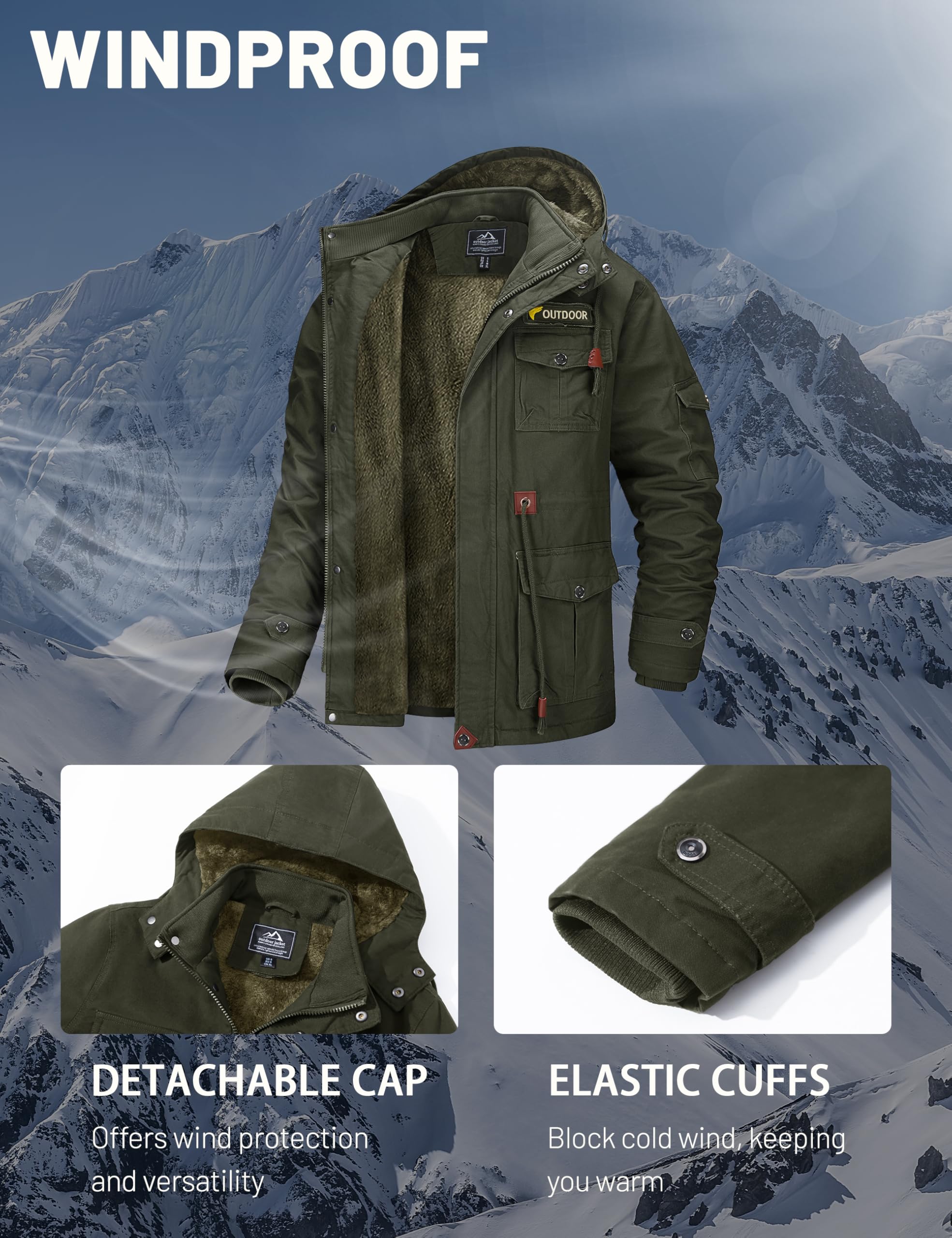 MAGCOMSEN Winter Coats for Mens Military Parka Jacket Fleece Lined Winter Cargo Jackets Army Green L