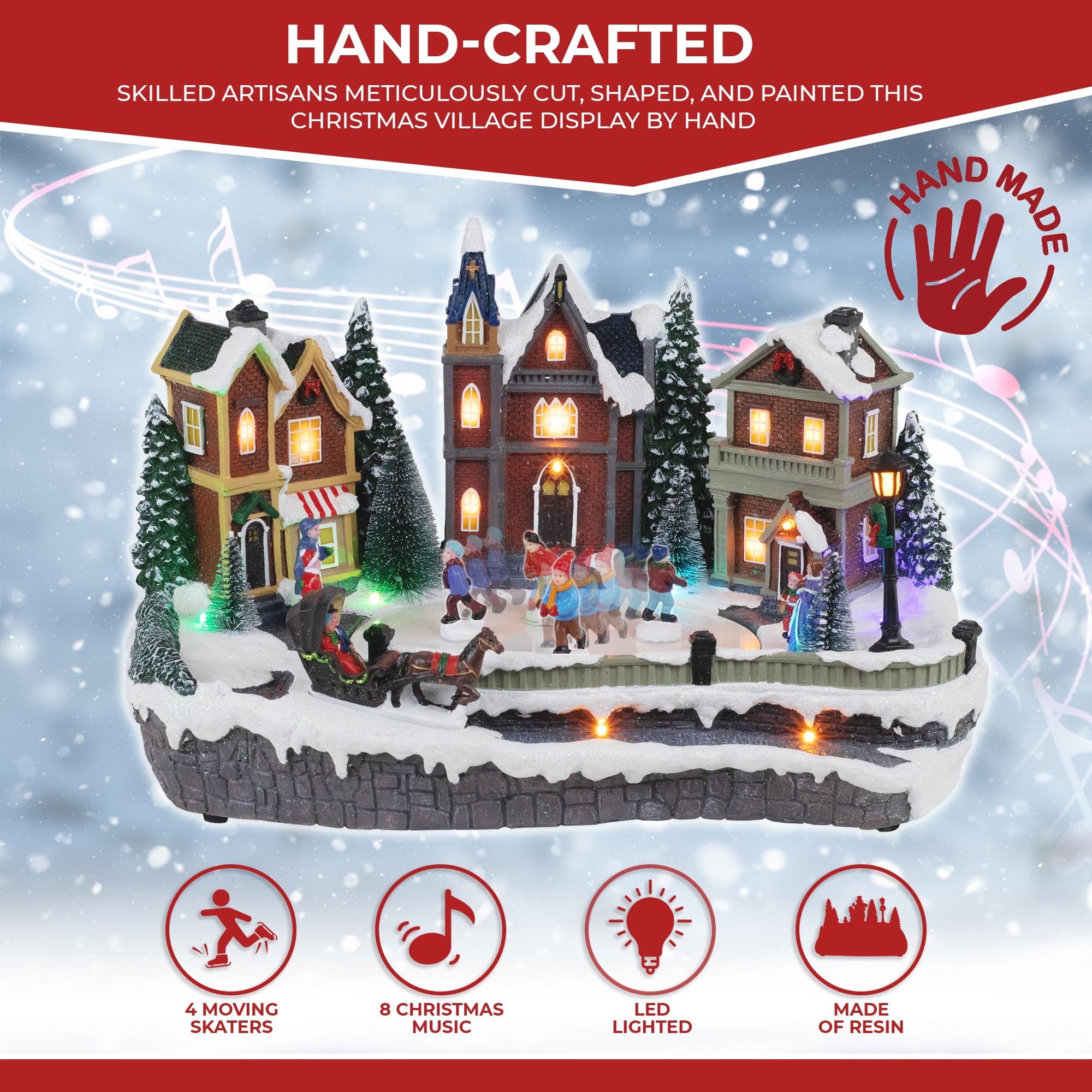 Large Animated Christmas Village Skating Town - Lighted Resin Musical Snow Scene with 4 Moving Skaters and Adapter