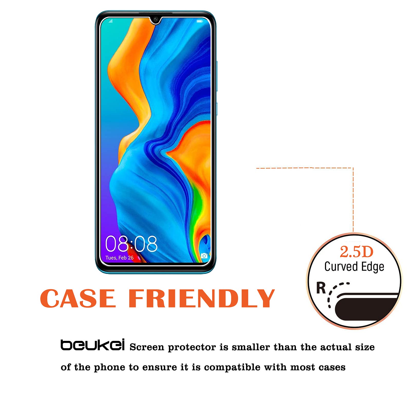 beukei (3 Pack) Compatible for Huawei P30 Lite Screen Protector Tempered Glass, Full Screen Coverage, Touch Sensitive,Case Friendly, 9H Hardness