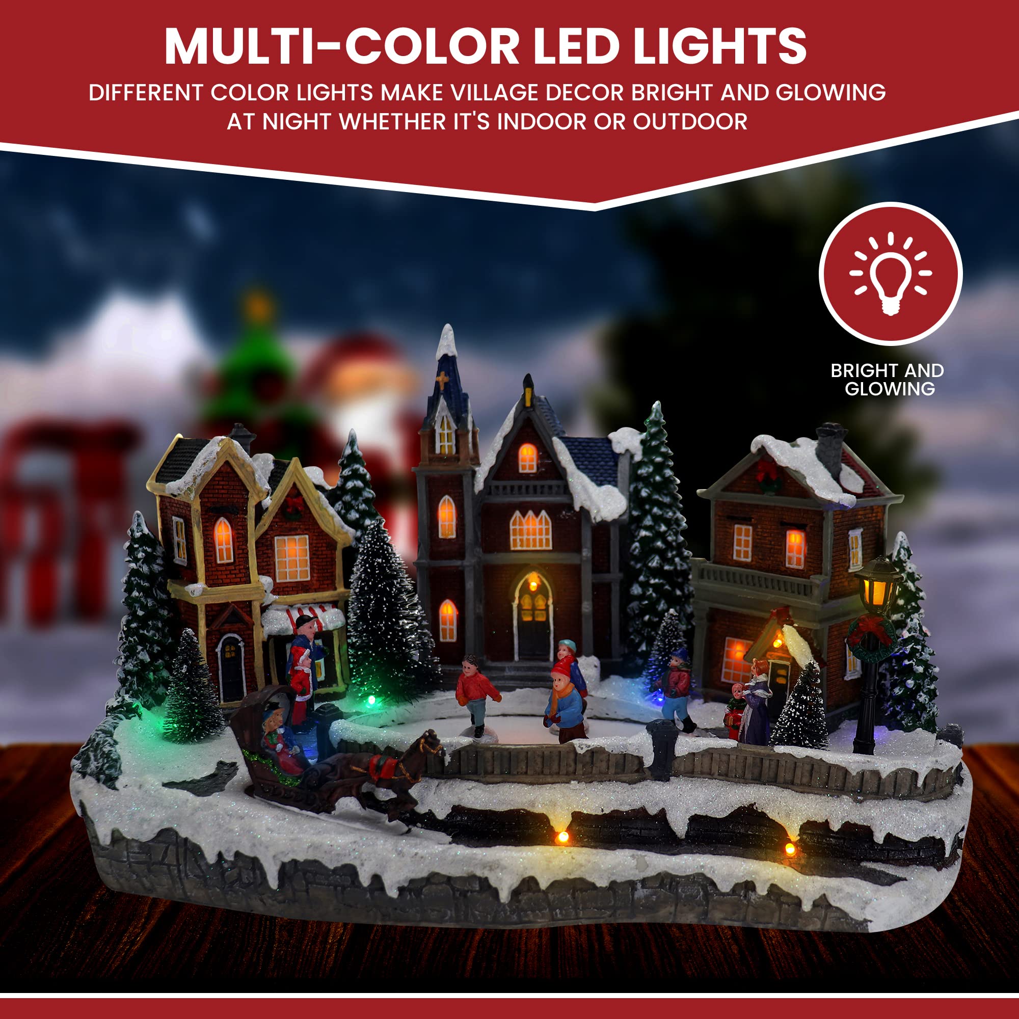 Large Animated Christmas Village Skating Town - Lighted Resin Musical Snow Scene with 4 Moving Skaters and Adapter