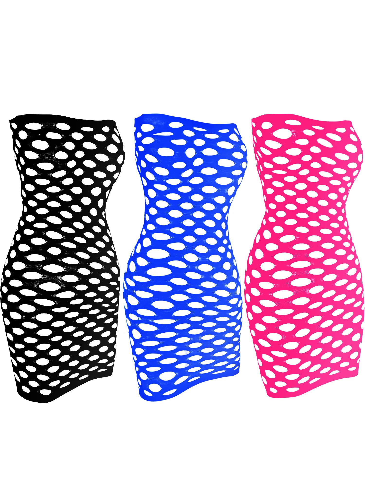 Skylety 3 Pieces Lingerie Dress Fishnet Tube Dress Babydoll Mini Dress for Women Girls Favors (Black, Blue, Rose Red)