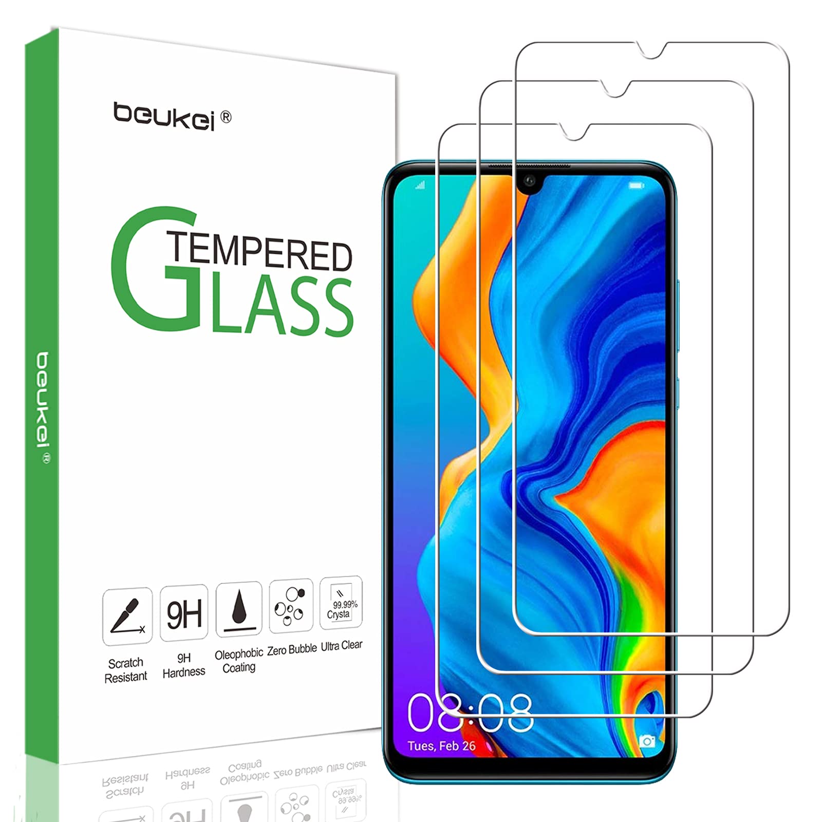 beukei (3 Pack) Compatible for Huawei P30 Lite Screen Protector Tempered Glass, Full Screen Coverage, Touch Sensitive,Case Friendly, 9H Hardness