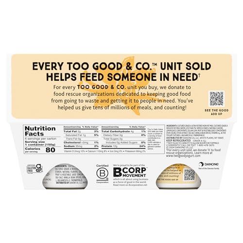 Two Good Low Fat Greek Yogurt, Vanilla, Lower Sugar, Gluten Free, With 2g of Sugar, 5.3 oz., 4 Pack