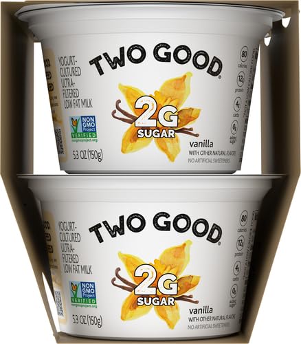 Two Good Low Fat Greek Yogurt, Vanilla, Lower Sugar, Gluten Free, With 2g of Sugar, 5.3 oz., 4 Pack