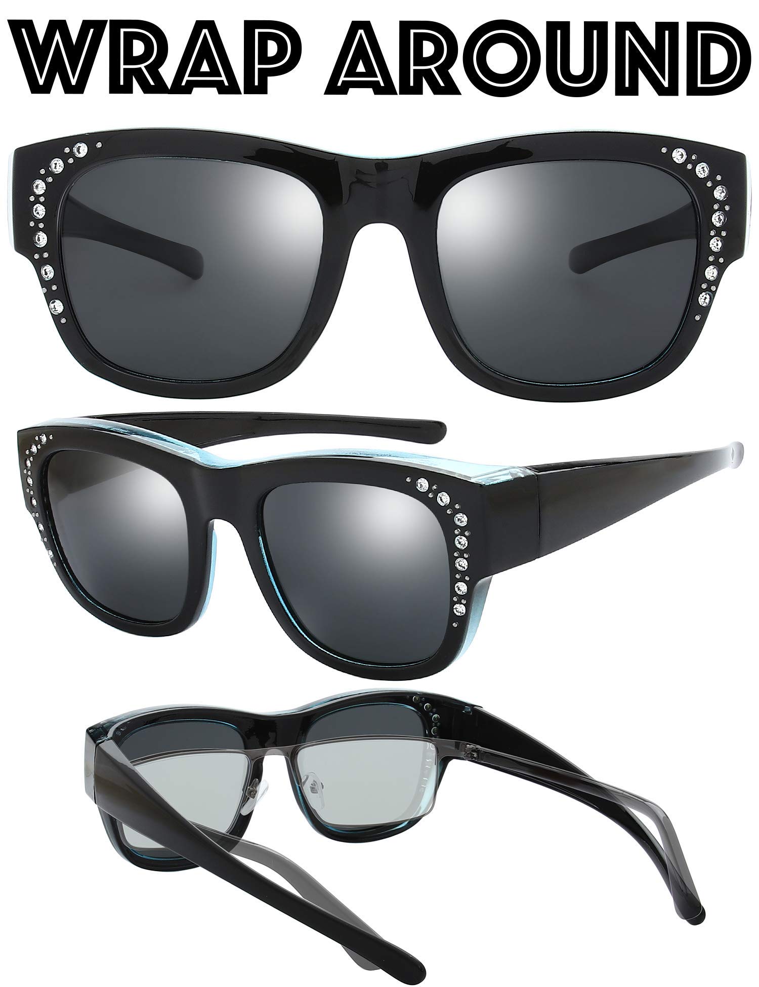 The Fresh High Definition Polarized Wrap Around Shield Oversized Sunglasses for Large Glasses - Gift Box Package (F5607RP02-Crystal blue/Black Paint for Large Glasses, Grey)